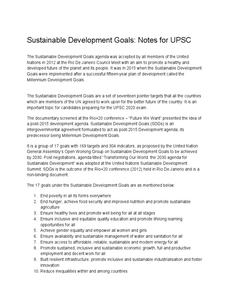 UPSC Notes on Sustainable Development Goals | PDF | Millennium ...