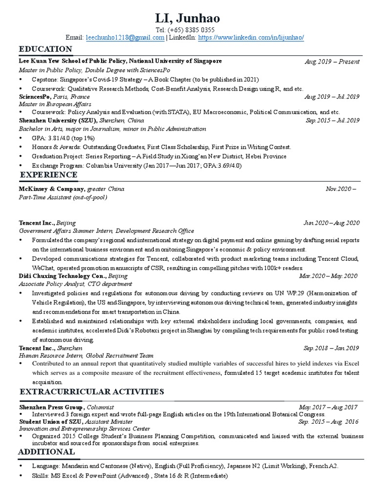 LI Junhao - CV | PDF | Economies | Business