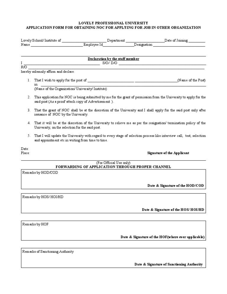 Application Form For Obtaining Noc For Applying For Job in Other ...