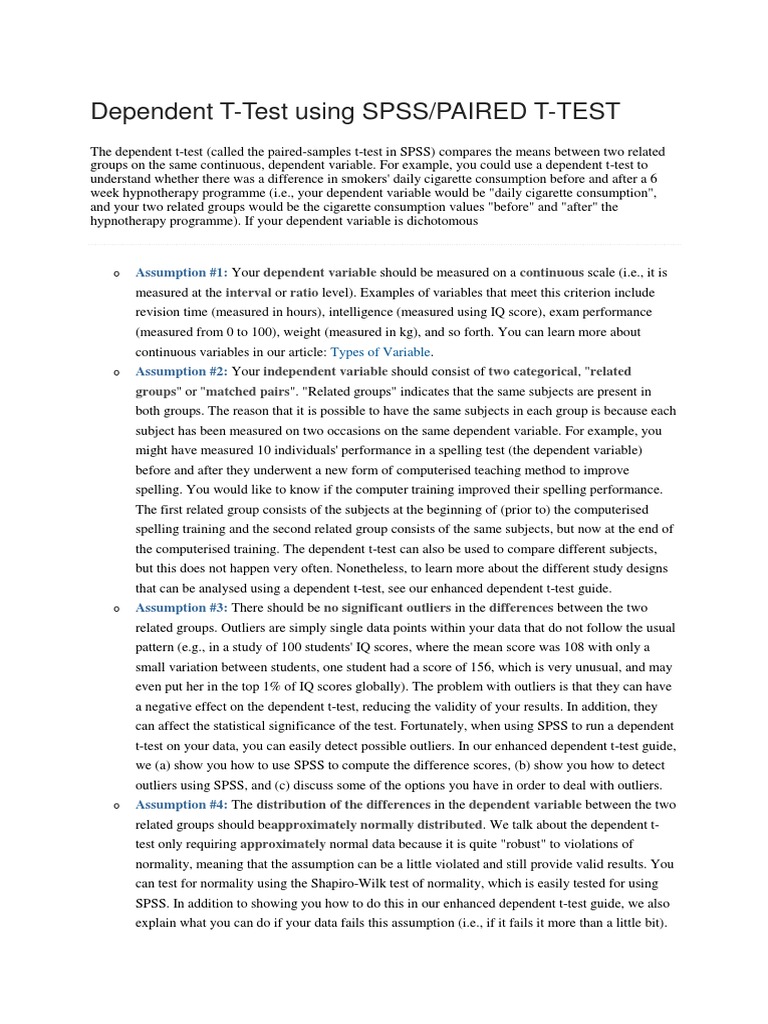 Dependent T-Test Using SPSS/PAIRED T-TEST: Assumption #1 | PDF ...