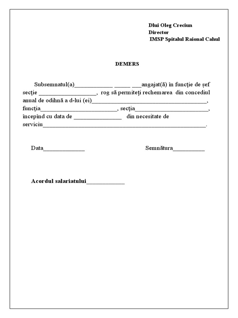Model Demers Rechemare Din Concediu | PDF