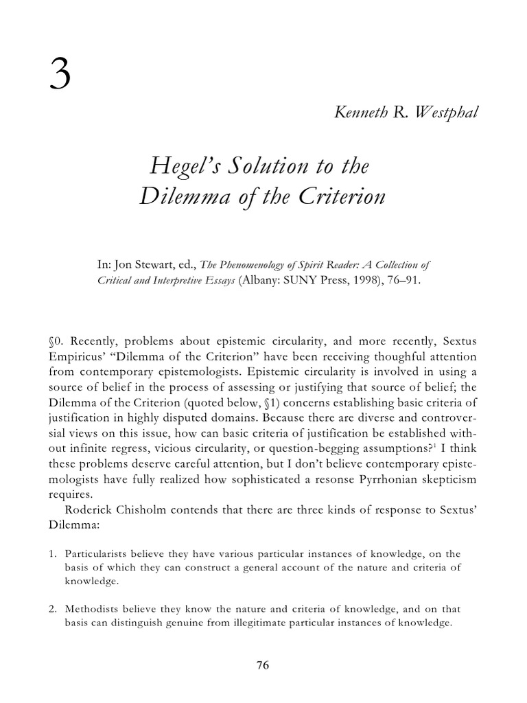 Hegel's Solution To The Dilemma of The Criterion: Kenneth R. Westphal | PDF | Skepticism ...