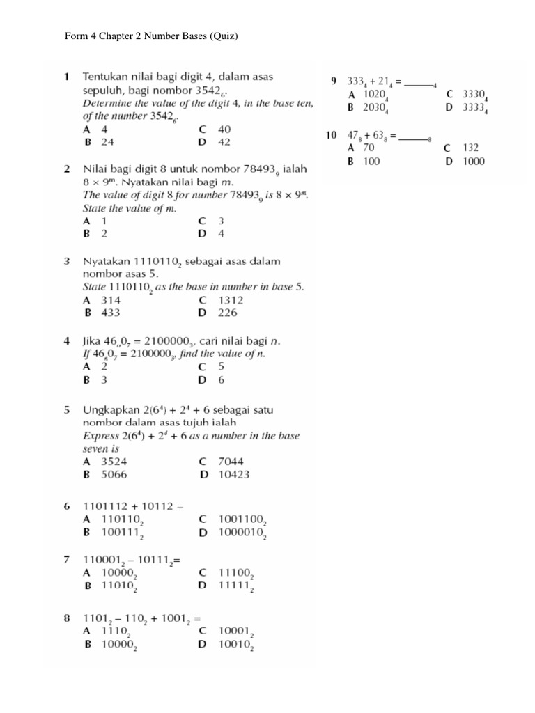 Form 4 Chapter 2 Number Bases (Quiz) | PDF
