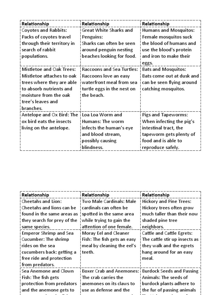 Relationship - Cards On Symbiosis | PDF | Predation | Symbiosis