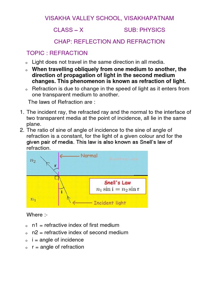 Notes On Refraction | PDF | Refraction | Refractive Index