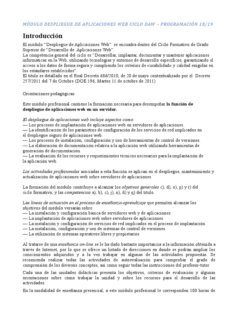 Introducción: Módulo Despliegue de Aplicaciones Web Ciclo Daw - Programación 18/19 | PDF | Red ...