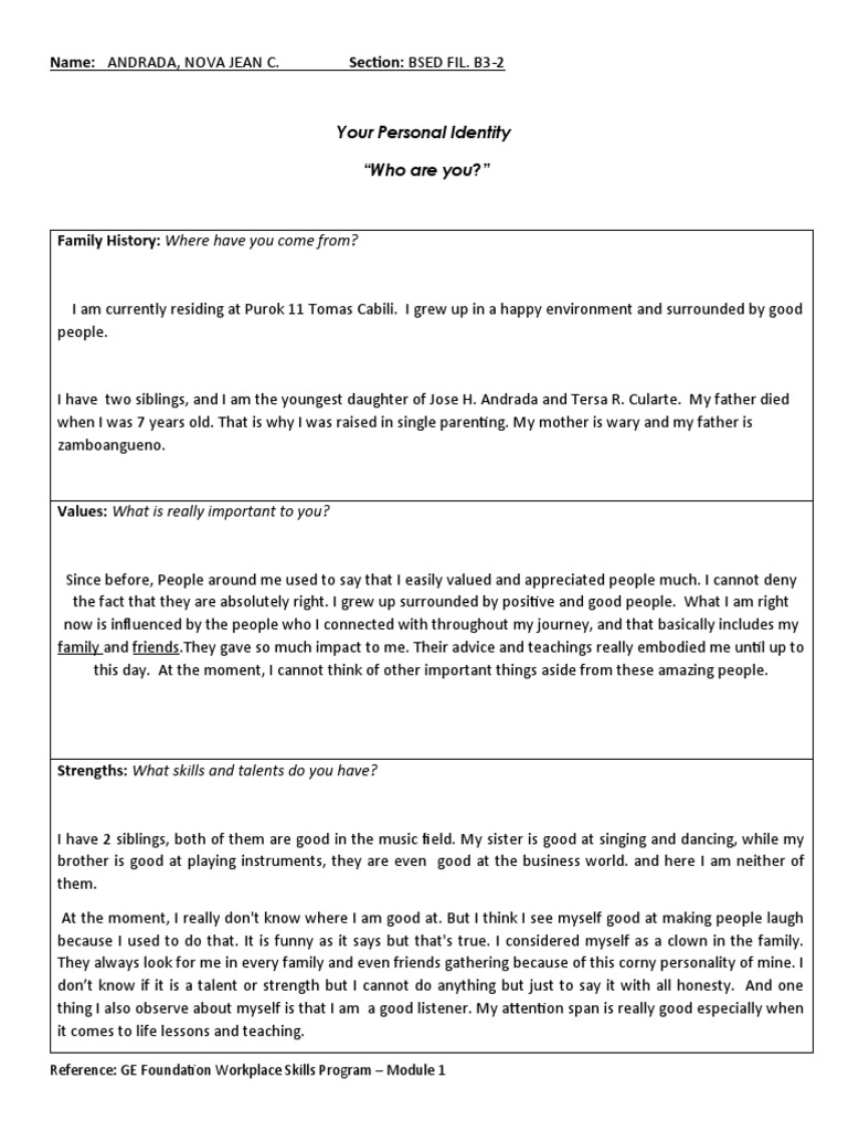 Personal Identity Activity | PDF | Wellness