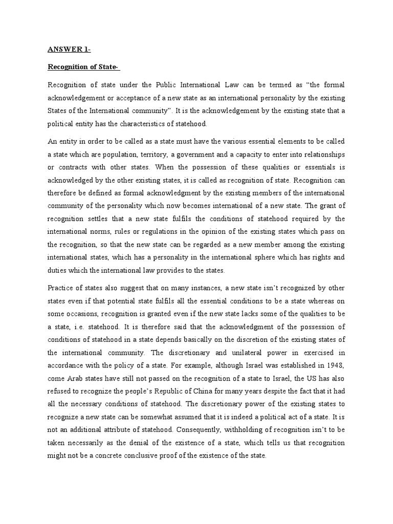Answer 1-Recognition of State | PDF | Sovereign State | Sovereignty