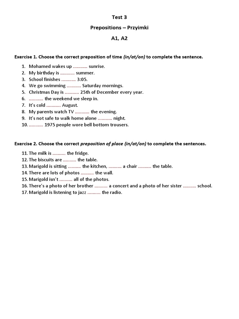 Test 3. Prepositions. A1. A2 | PDF