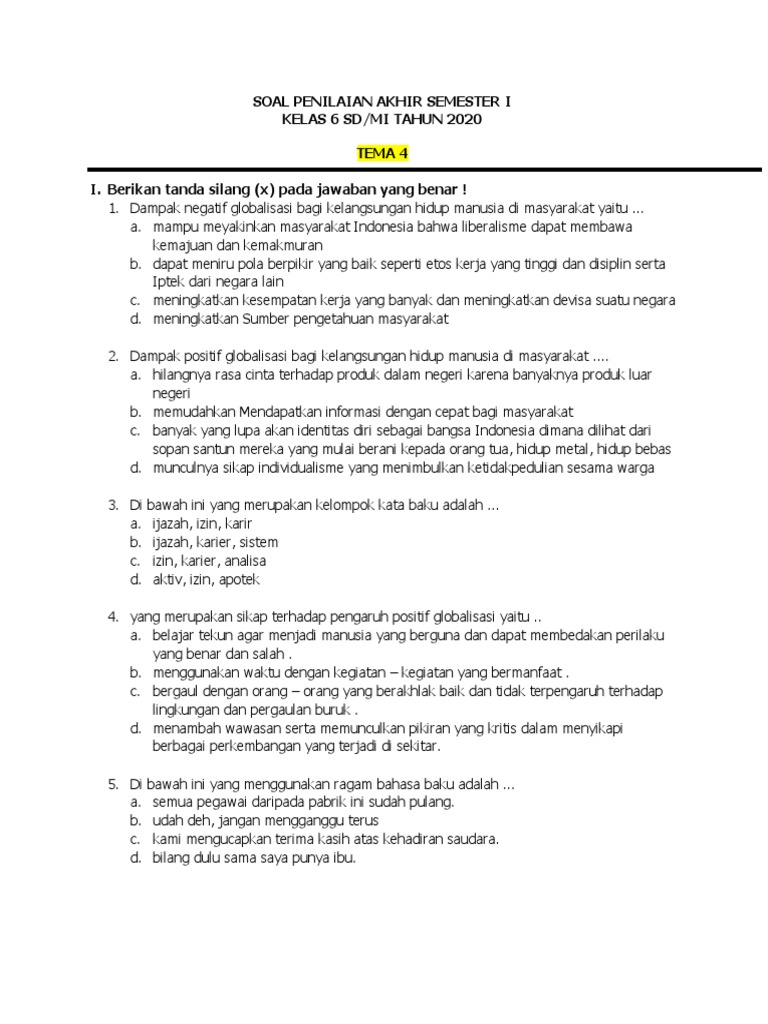 Edit-Soal PAS Kelas 6 Sem 1 Tema 4 - Kamimadrasah | PDF | Ilmu Sosial