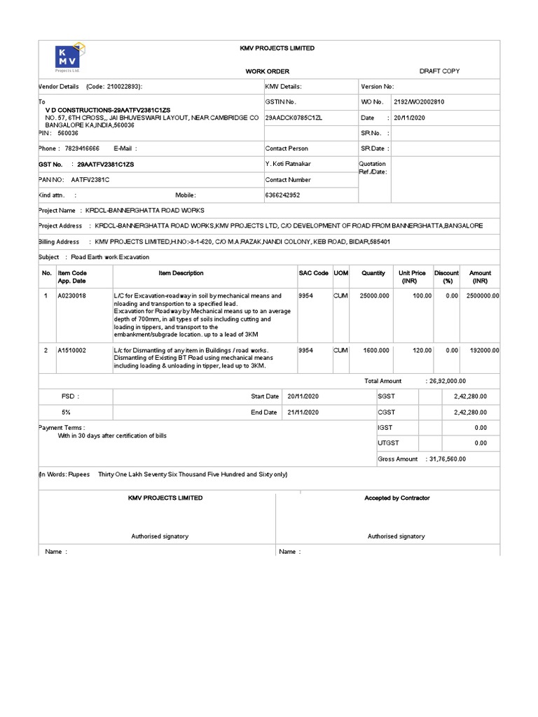 Work Order Draft For V D Construction-Earthwork | PDF | Taxes | Government
