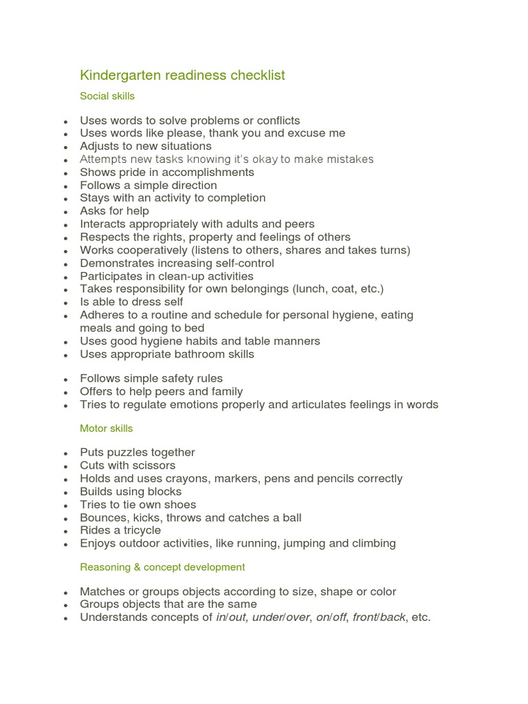 Kindergarten Readiness Checklist | PDF | Concept | Psychological Concepts