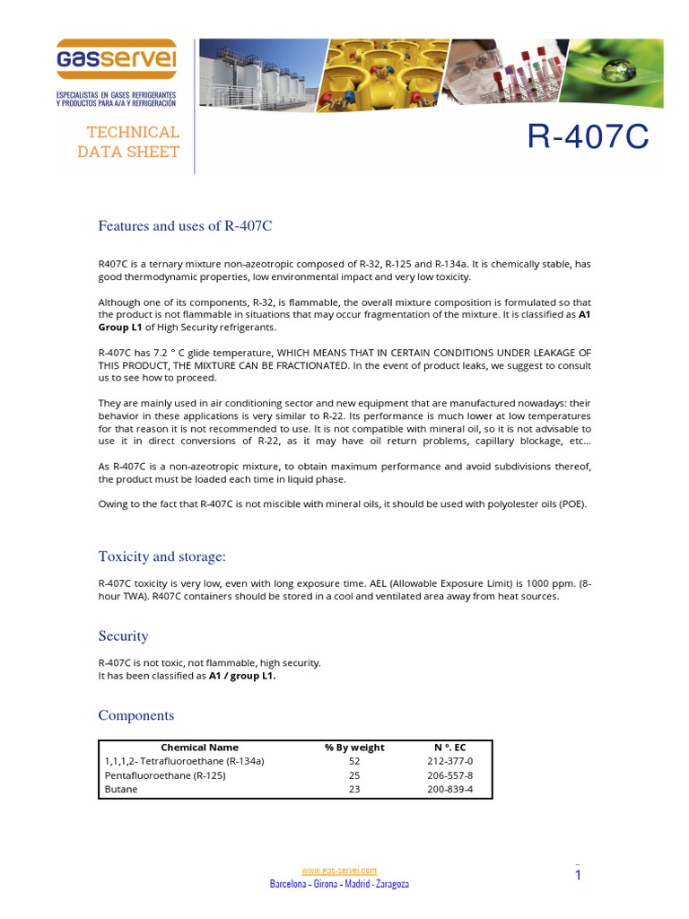 Technical Data Sheet R407C ENGLISH PDF | PDF | Gases | Chemistry
