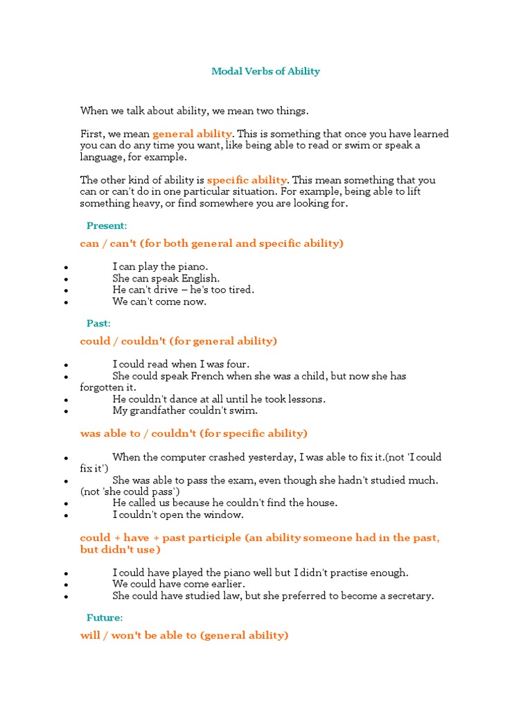Modal Verbs of Ability | PDF