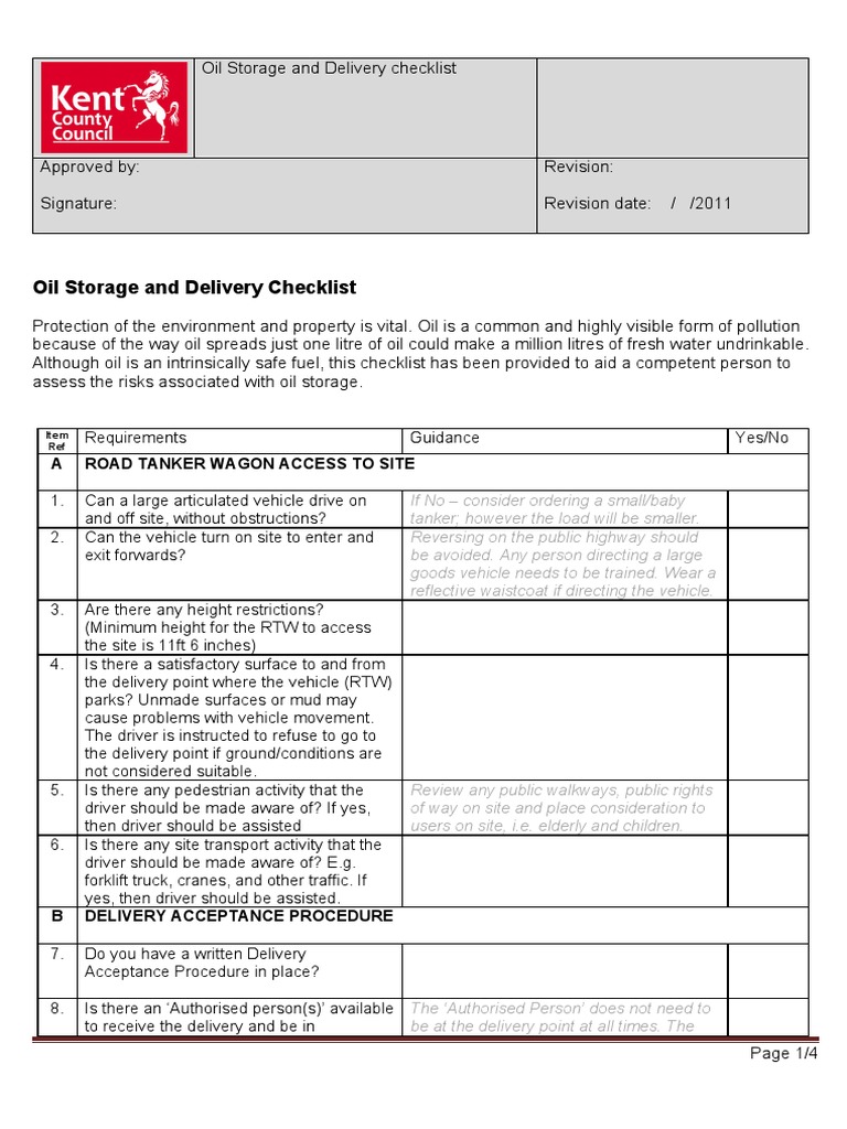 Oil Delivery Checklist | PDF | Personal Protective Equipment | Water