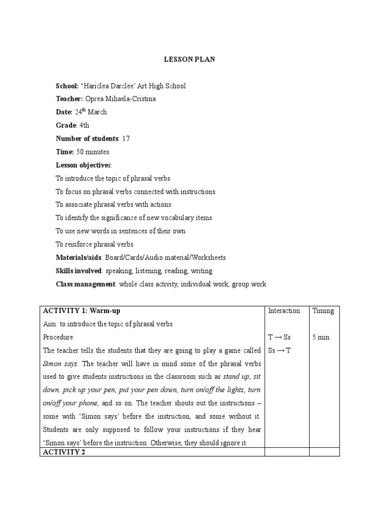 Simon Says. The Teacher Will Have in Mind Some of The Phrasal Verbs ...