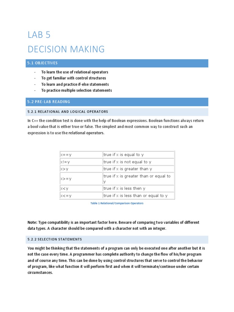 Lab 5 Decision Making: 5.1 Objectives | PDF | Boolean Data Type | Control Flow