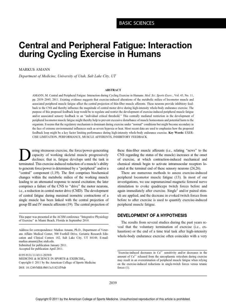 MSSE-Central Peripheral Fatigue Interaction | PDF | Muscle | Hypoxia ...