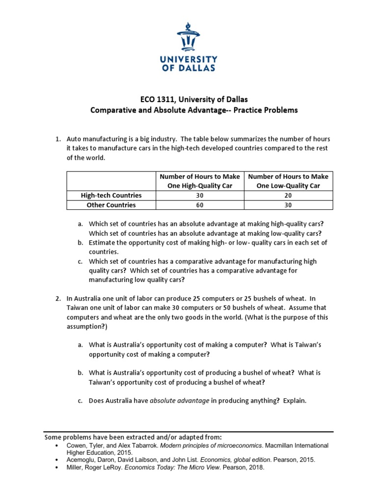 ECO 1311, University of Dallas Comparative and Absolute Advantage ...