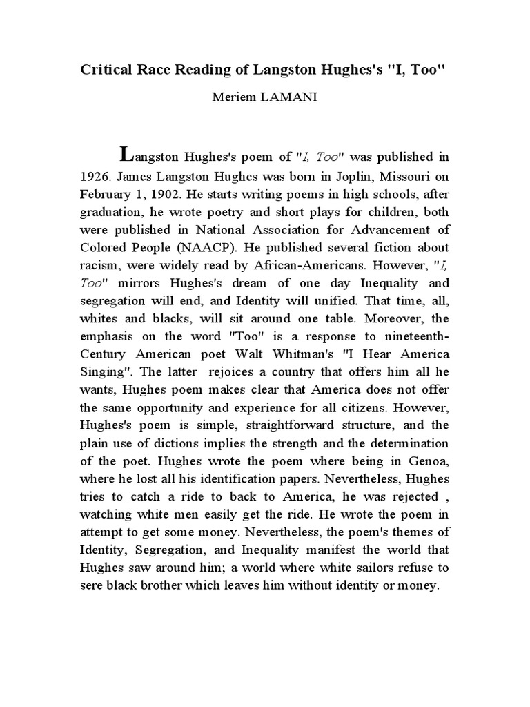 Critical Race Reading of Langston Hughes | PDF | Critical Race Theory ...