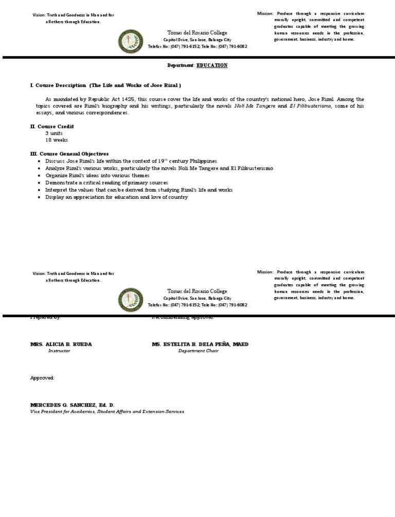 Syllabus in The Life and Works of Jose Rizal OBE Format | PDF | Behavior Modification | Curriculum