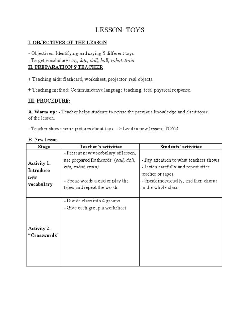 Toy Lesson Plan Edited | PDF | Toys | Vocabulary