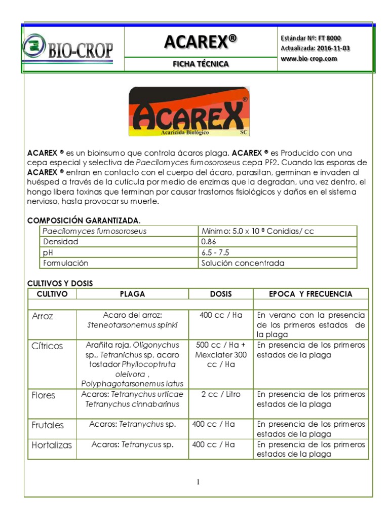 Ficha Tecnica Acarex FT | PDF | Science | Biología