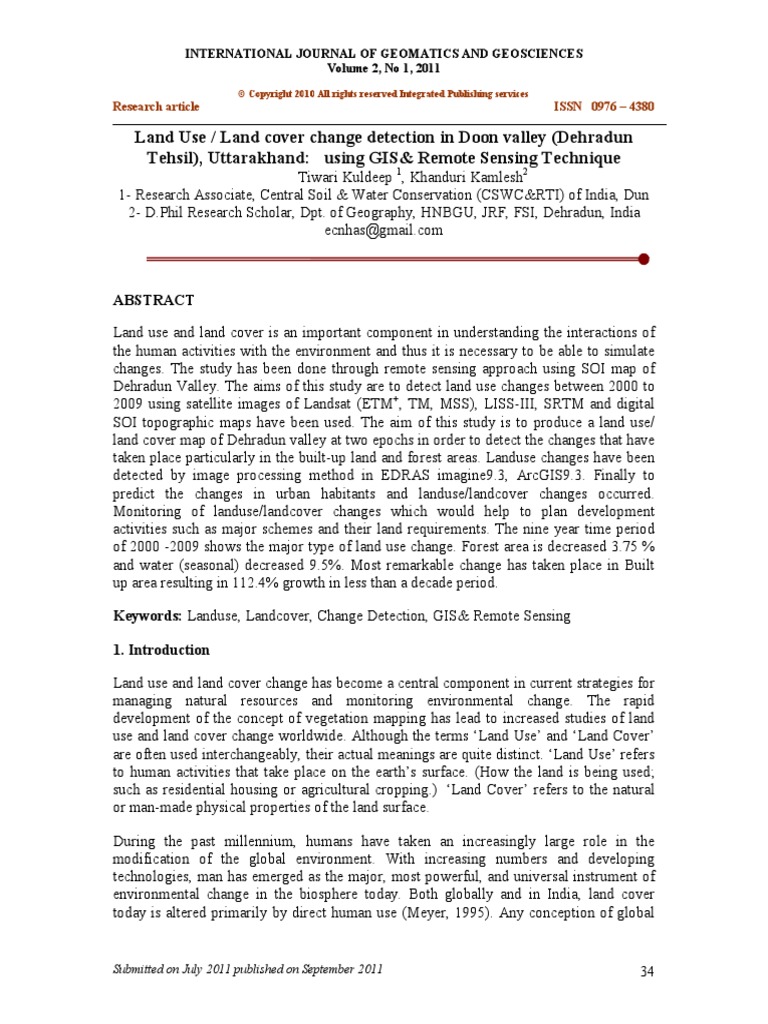 Land Use / Land Cover Change Detection in Doon Valley (Dehradun Tehsil ...