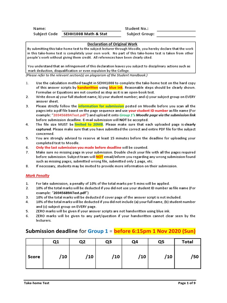 Guidelines for Completing and Submitting a Take-Home Math and ...
