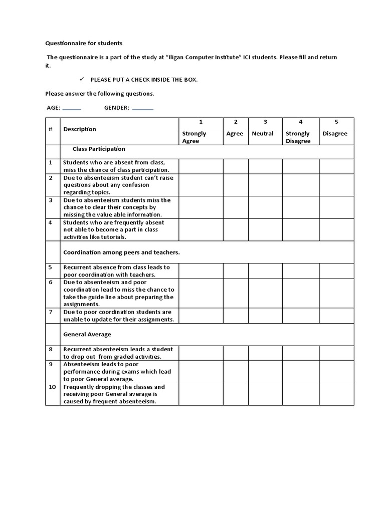 Questionnaire For Absenteeism | PDF