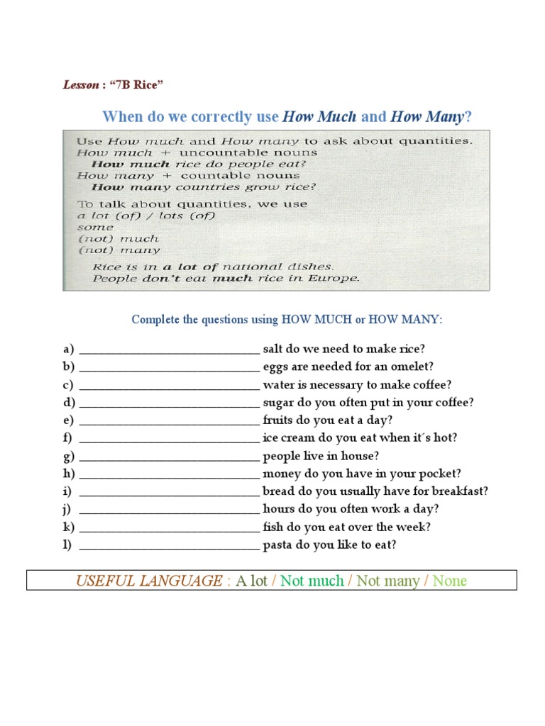 When Do We Correctly Use and ?: How Much How Many | PDF | Cooking, Food ...