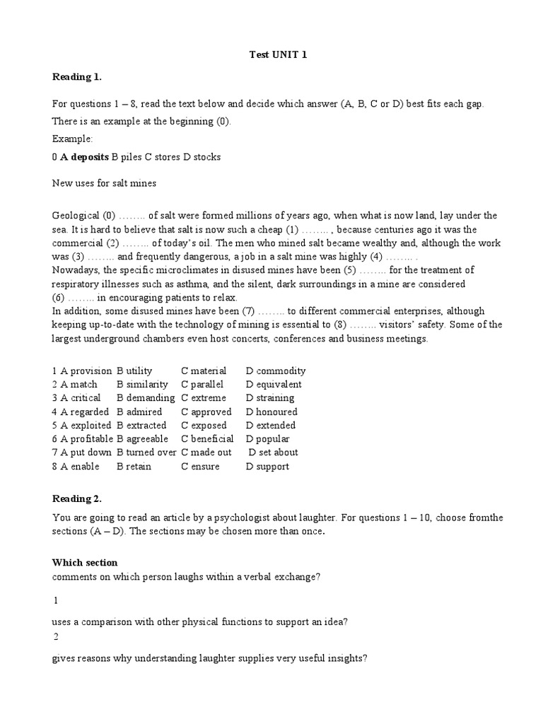 Test UNIT 1 Reading 1 | PDF | Laughter | Jokes