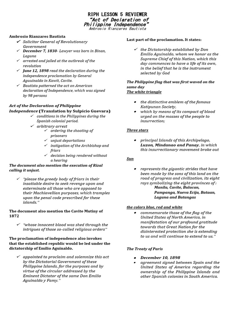 Riph Lesson 5 Reviewer "Act of Declaration of Philippine Independence" | PDF | Philippines ...