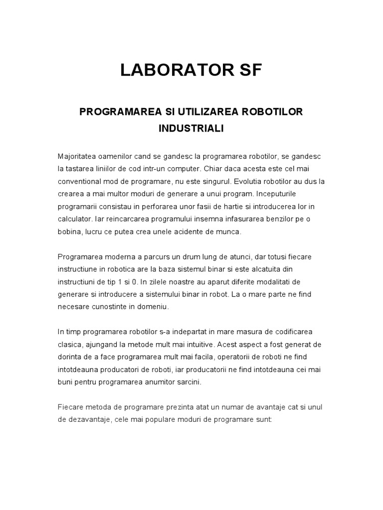 Programarea Si Utilizarea Robotilor Industriali | PDF