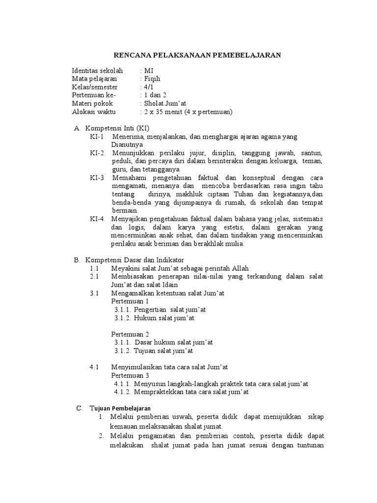 RPP K13 Fiqih Kelas 4 Semester 2 KD 4 Pertemuan 1 - 2 | PDF ...
