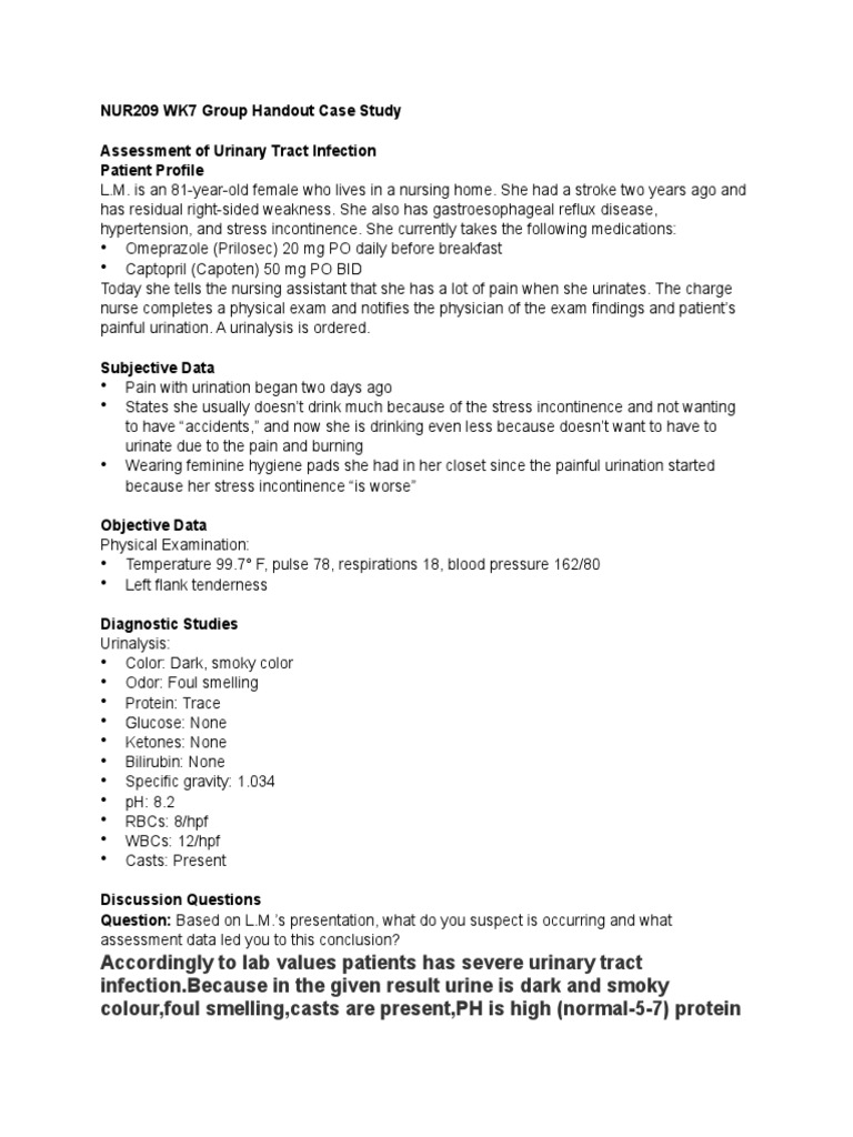 NUR209 WK7 Group Handout Case Study Assessment of Urinary Tract ...