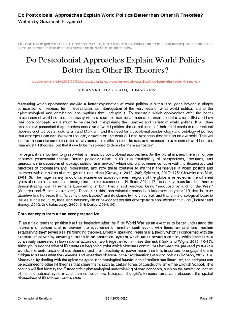 Do Postcolonial Approaches Explain World Politics Better Than Other IR ...