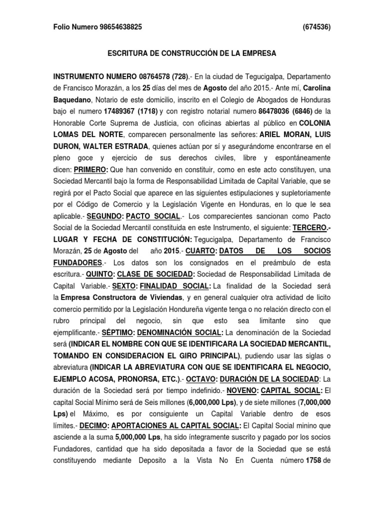 Escritura Constitucion de La Empresa | PDF | Sociedad de responsabilidad limitada | Conceptos ...