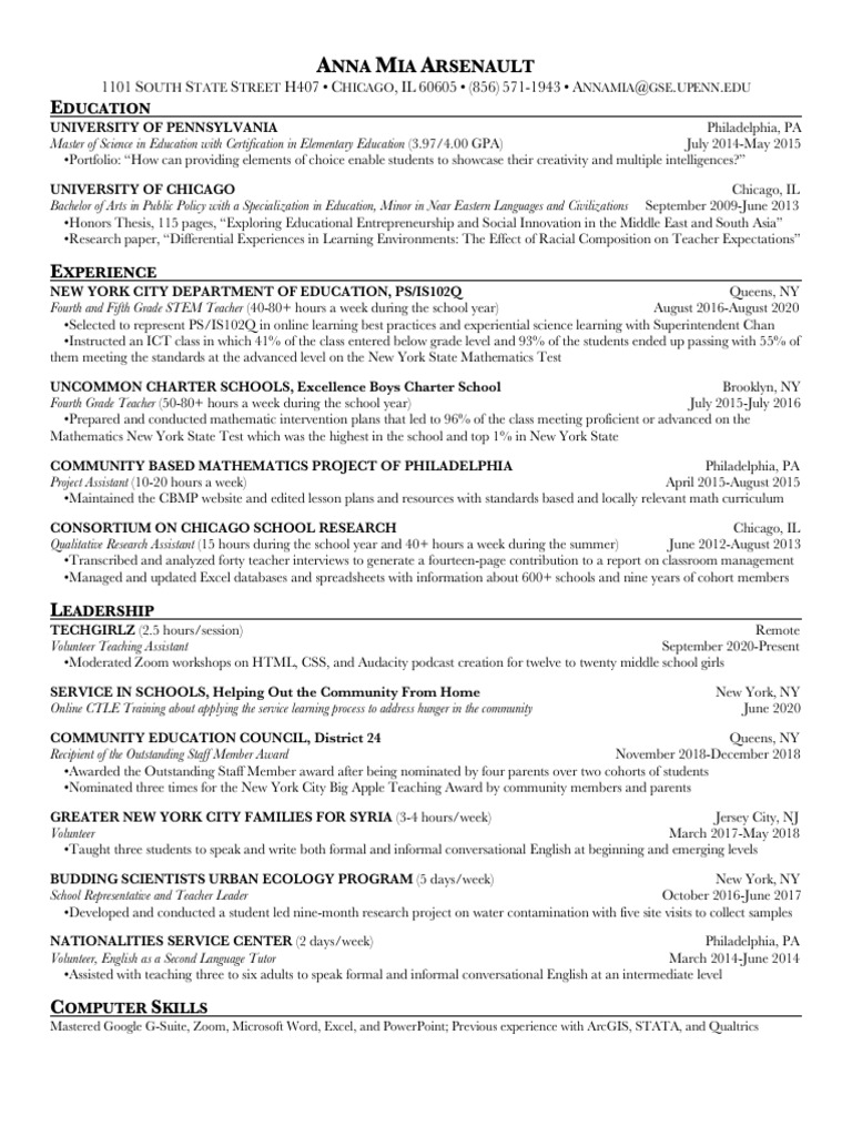 Anna Arsenault Resume 12 | PDF | Schools | Teachers