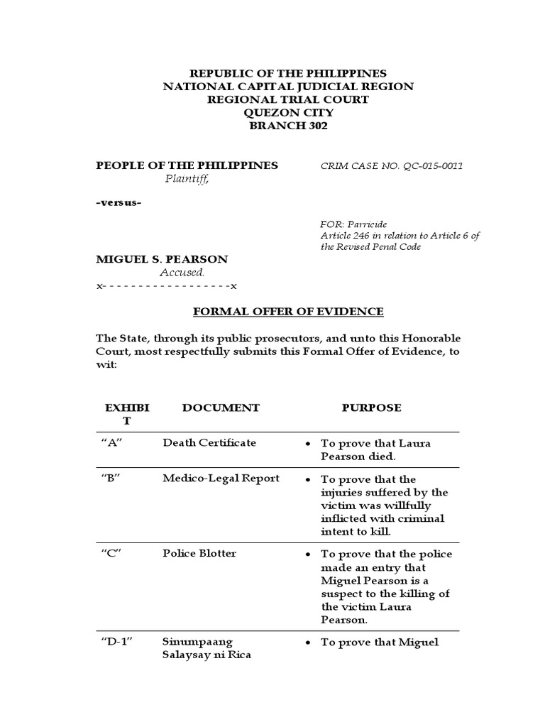 People of the Philippines v. Miguel S. Pearson: Formal Offer of ...