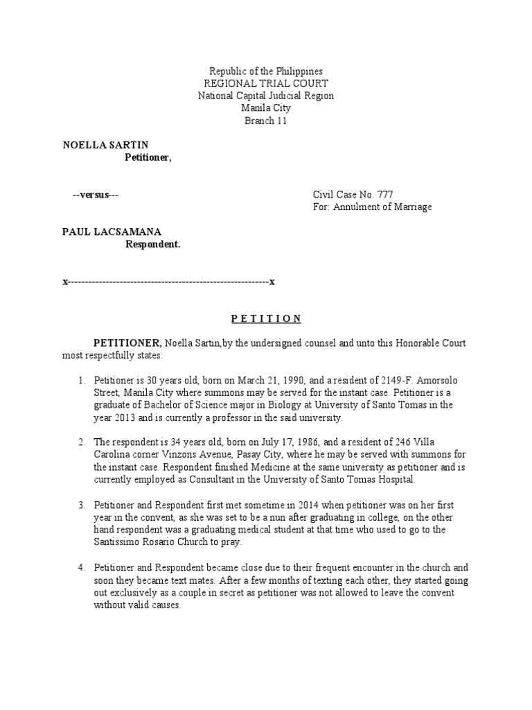 Complaint - Annulment of Marriage | PDF | Annulment | Marriage