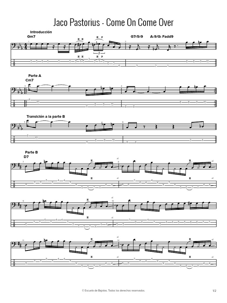 Repertorio - Jaco Pastorius - Come On Come Over - Tabs - Escuela de Bajistas | PDF