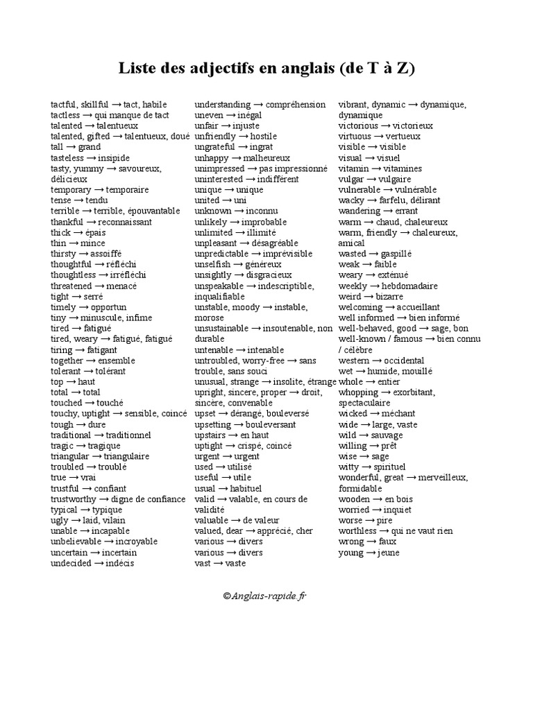 Liste Vocabulaire Anglais Adjectifs Utiles 5 PDF | PDF