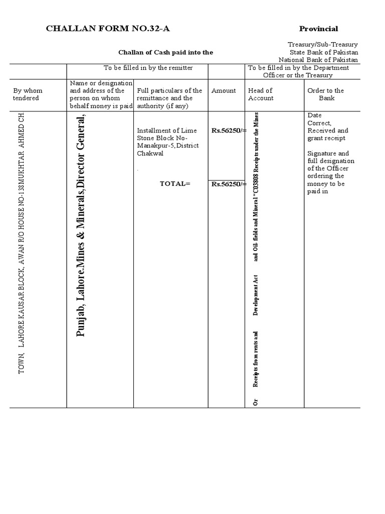 CHALLAN FORM NO.32-a | PDF | Fee | Money