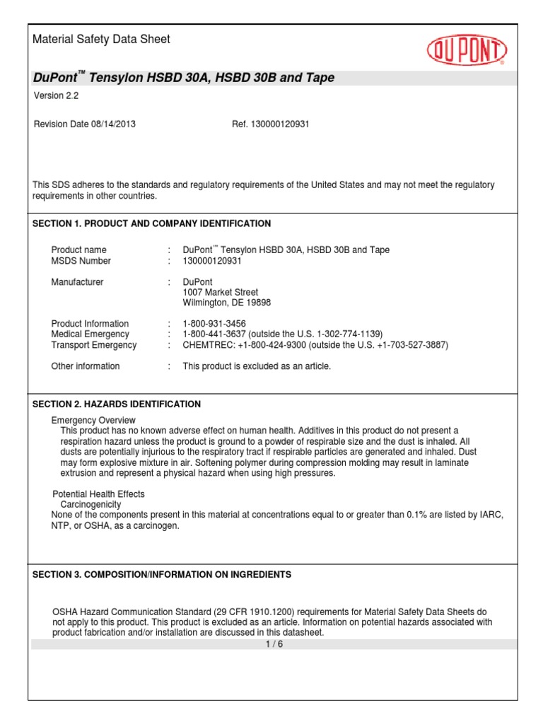 Dupont Tensylon HSBD 30A, HSBD 30B and Tape: Material Safety Data Sheet ...