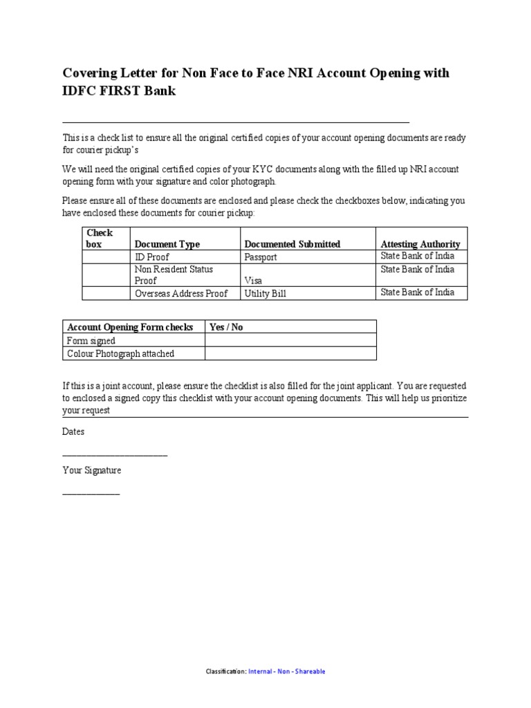 Covering Letter For Non Face To Face NRI Account Opening With IDFC ...