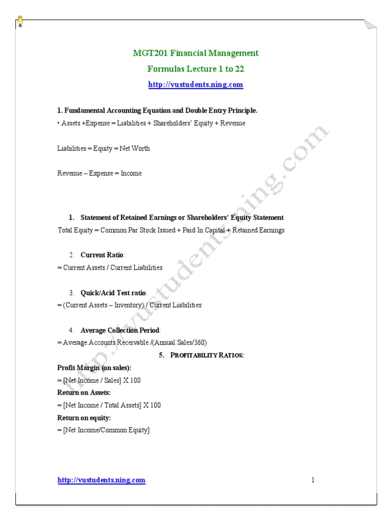 MGT201 Financial Management Formulas Lect 1 To 22 | PDF | Net Present ...