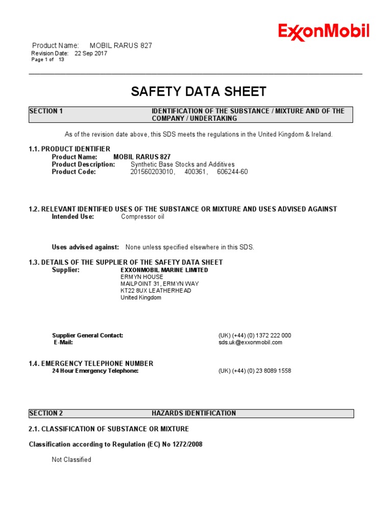 Safety Data Sheet: Product Name: MOBIL RARUS 827 | PDF | Waste ...