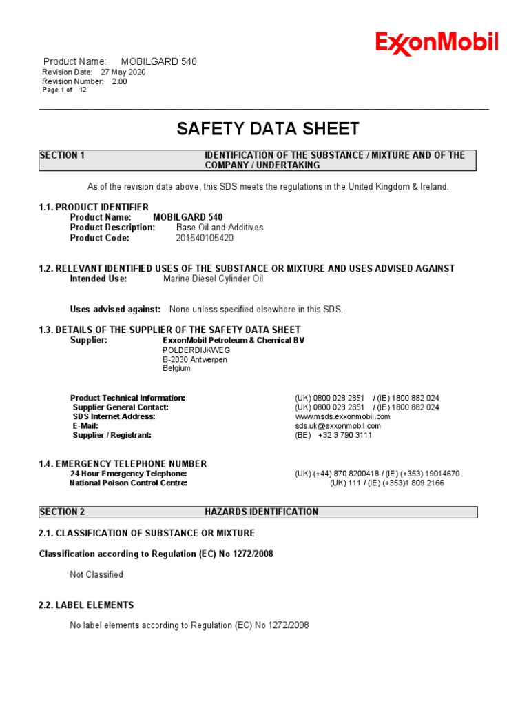 Safety Data Sheet: Product Name: MOBILGARD 540 | PDF | Toxicity ...