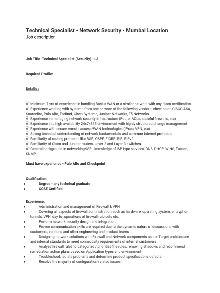 Technical Specialist - Job Description | PDF | Virtual Private Network ...